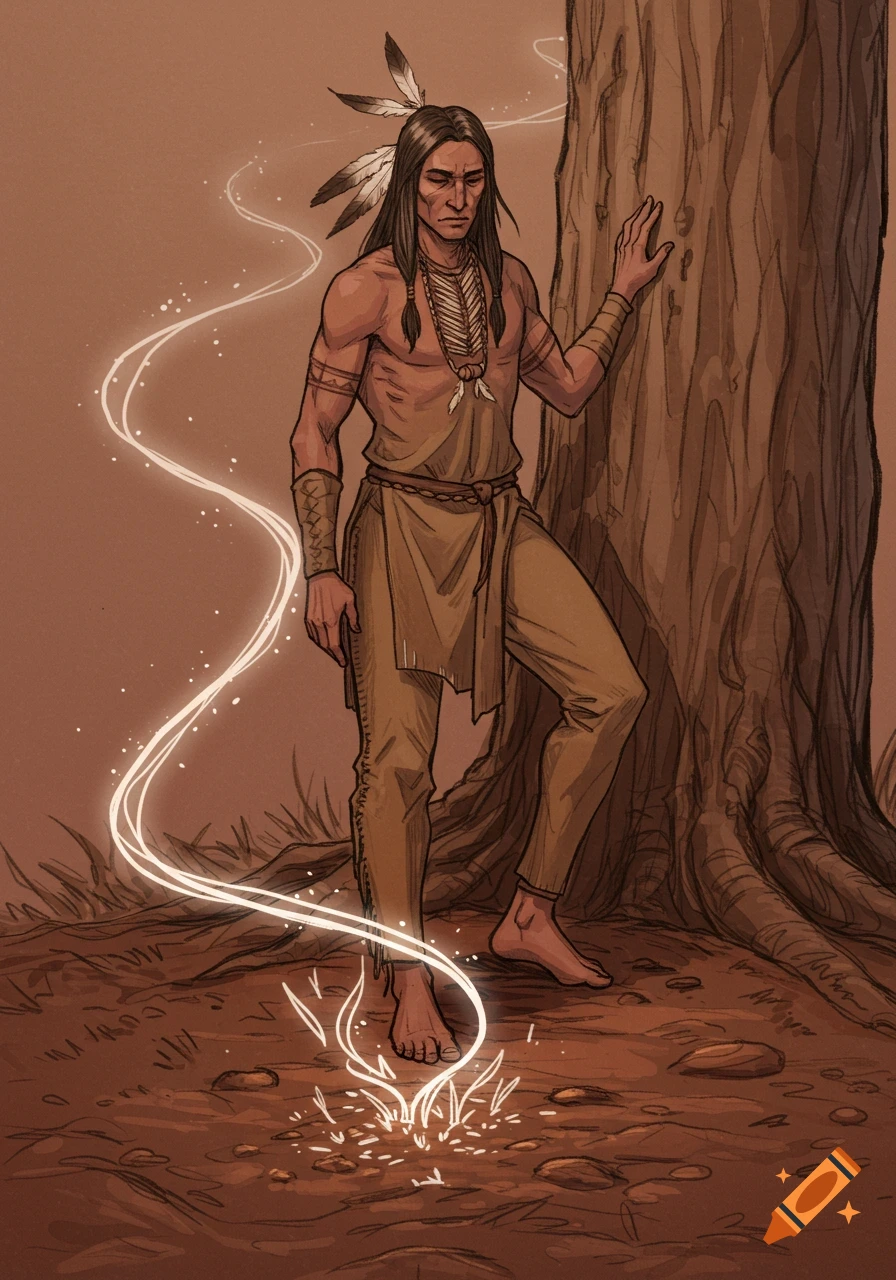 A Native American man with feathers in his long hair stands barefoot beside an ancient tree ...