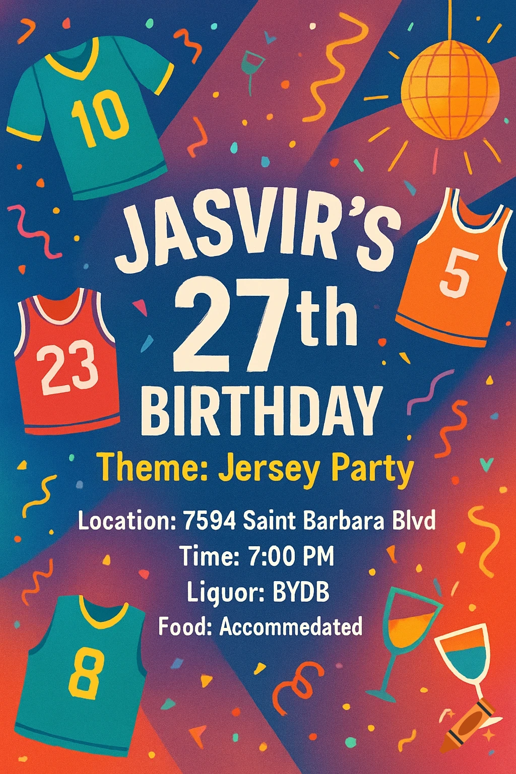 A colorful birthday invitation poster for Jasvir's 27th birthday jersey party, featuring sports ...