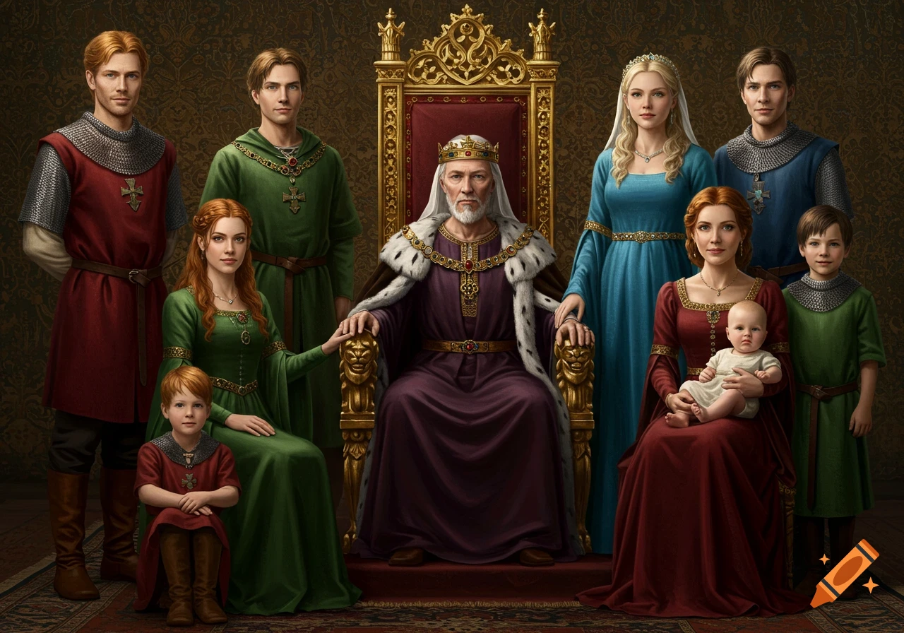 A photorealistic portrait of a medieval royal family with a king on a ...