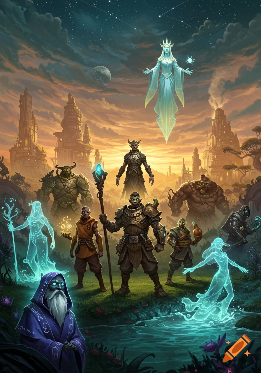 A diverse group of fantasy characters and glowing spirits stand in a ...