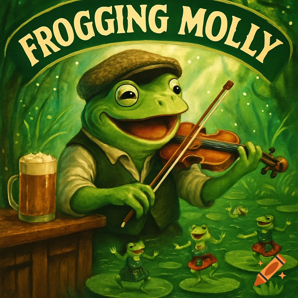 An illustration of a frog wearing a cap and vest playing a violin, with ...