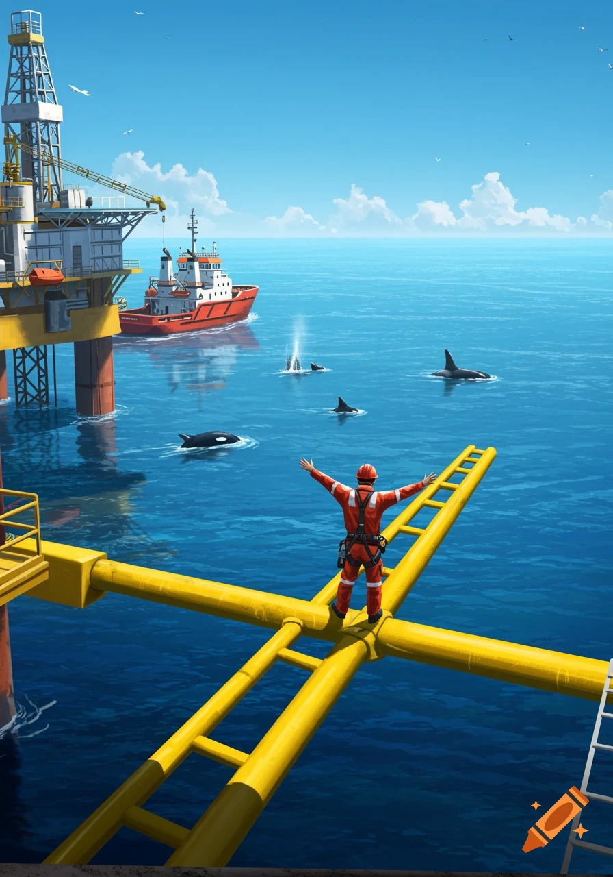 An illustration of a man on an offshore oil rig, arms outstretched ...