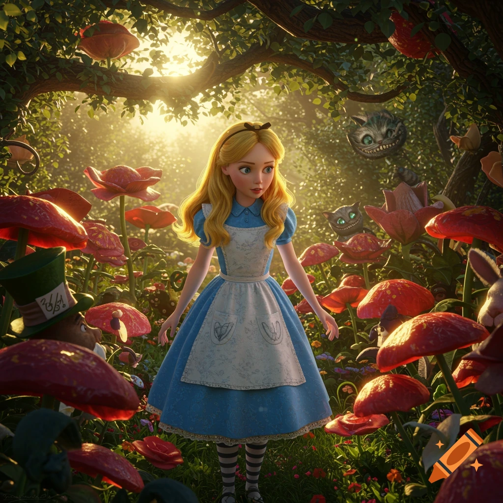 A gigantic Alice in Wonderland stands over a tall redwood forest ...