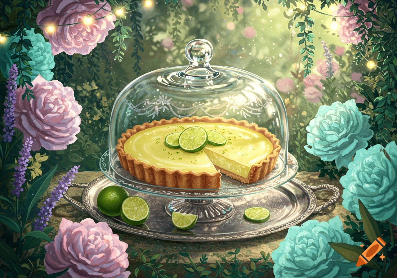 A vibrant key lime pie under a glass dome on a silver tray, surrounded ...