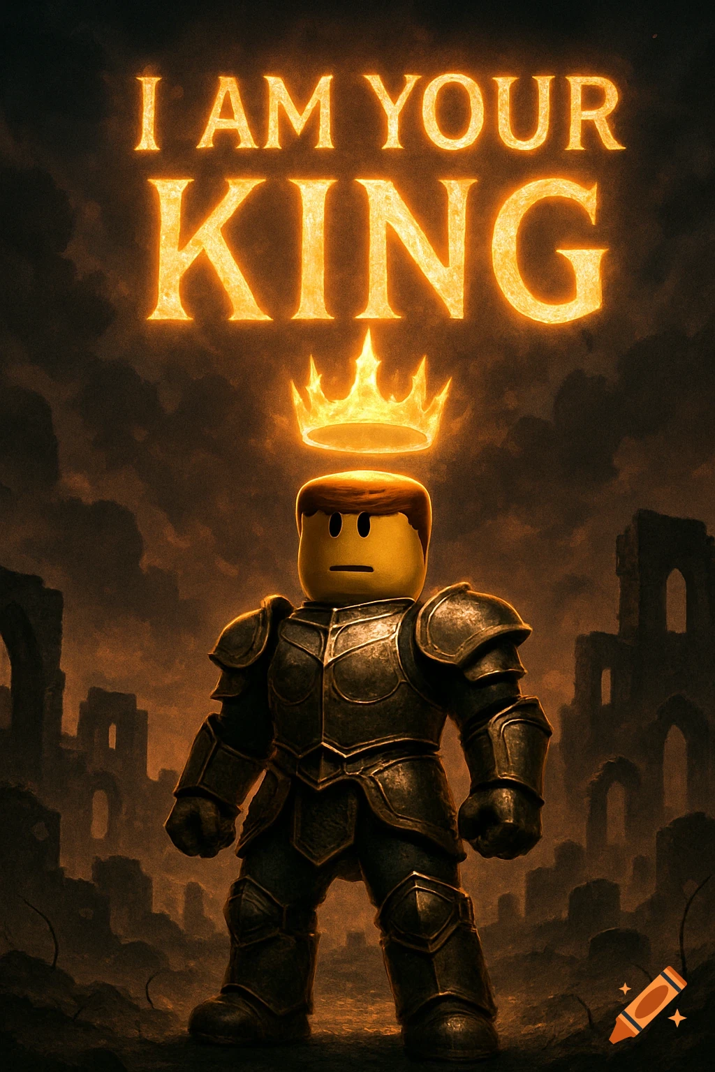 A Roblox-style character in detailed glowing armor stands in a ruined ...