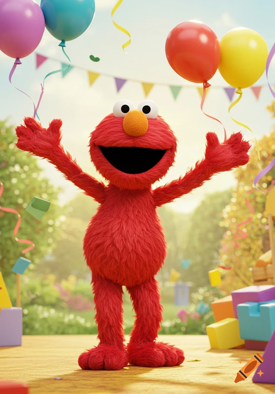 Elmo stands with arms raised at a sunny outdoor party with balloons and streamers. on Craiyon