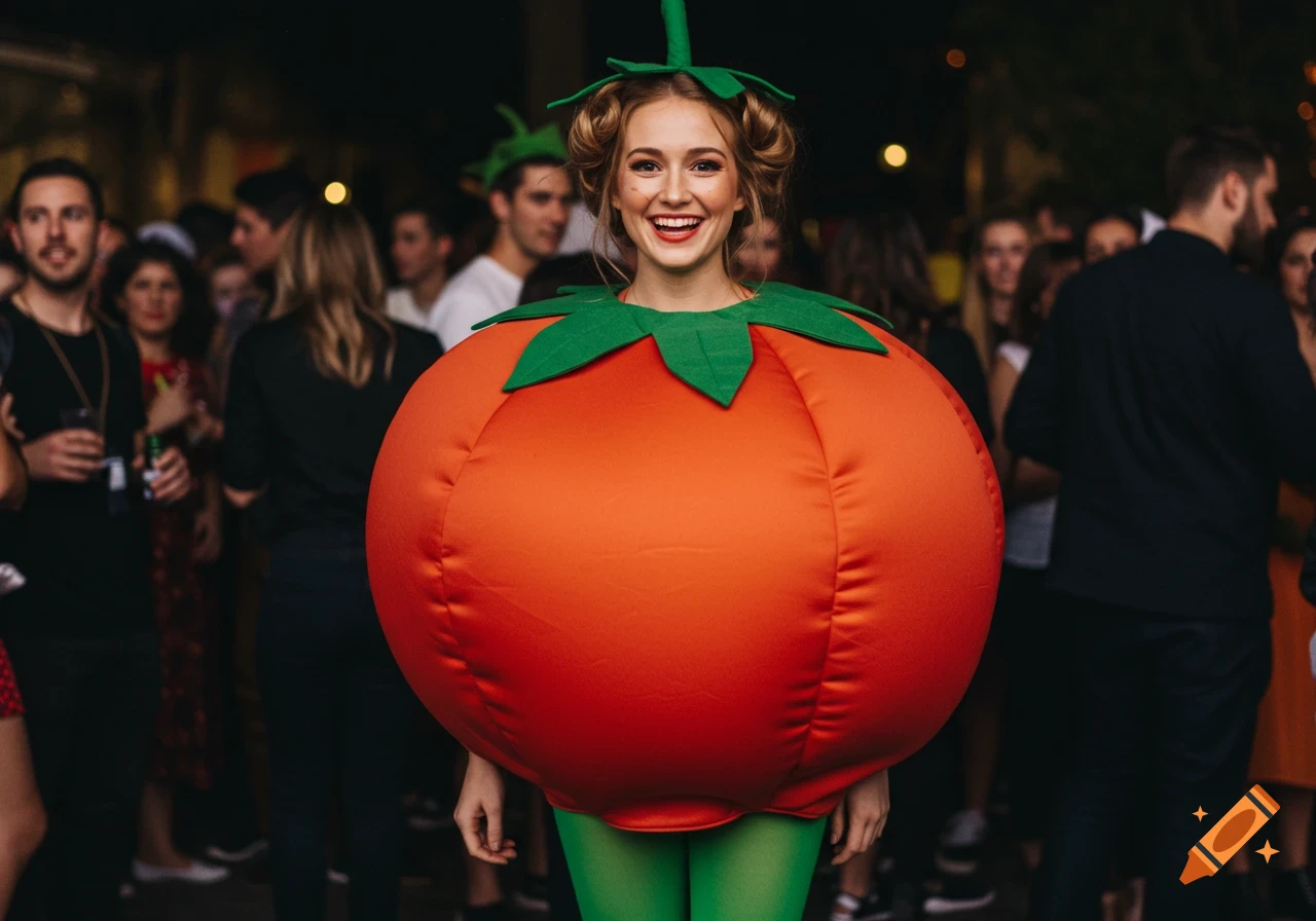 A smiling woman in a vibrant red tomato costume with green tights stands at a crowded Halloween ...
