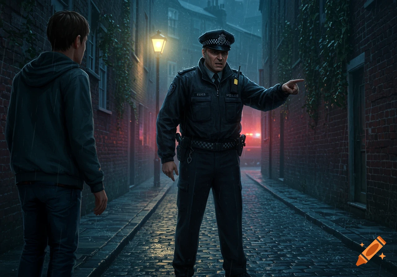 A photorealistic image of a police officer pointing his finger at a ...