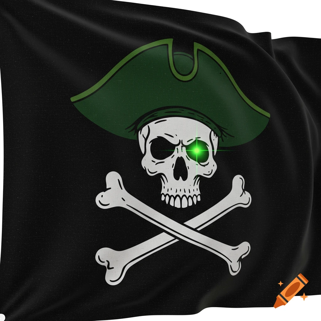 A black pirate flag with a white skull and crossbones. The skull wears ...