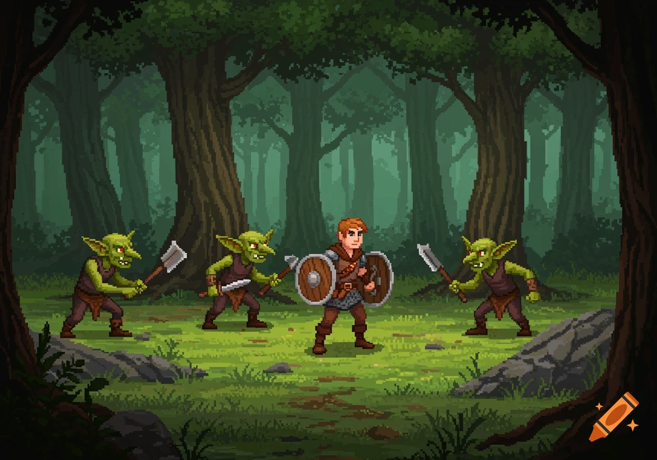 A pixel art depiction of a hero with a shield facing four goblins ...
