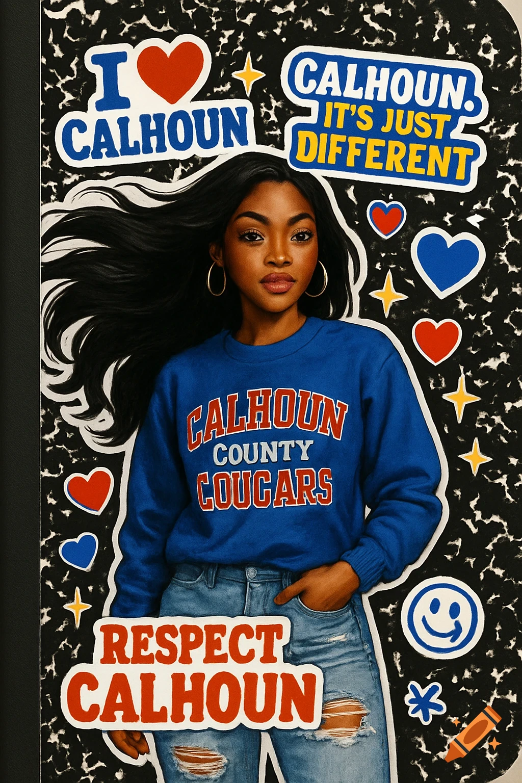 A bold illustration of a Black woman in a blue sweatshirt and ripped ...