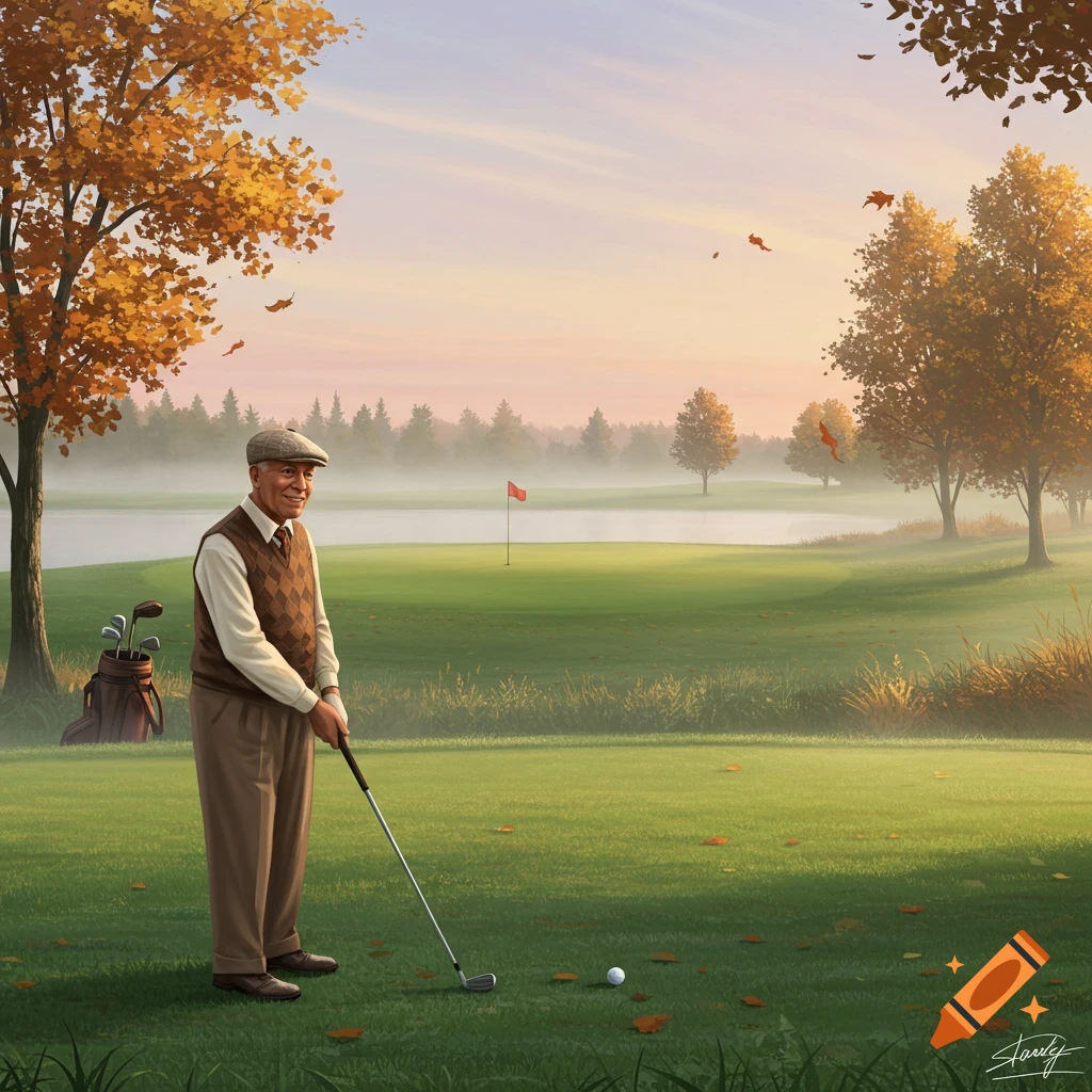 A smiling elderly man in a golf outfit holds a club, standing on a golf ...