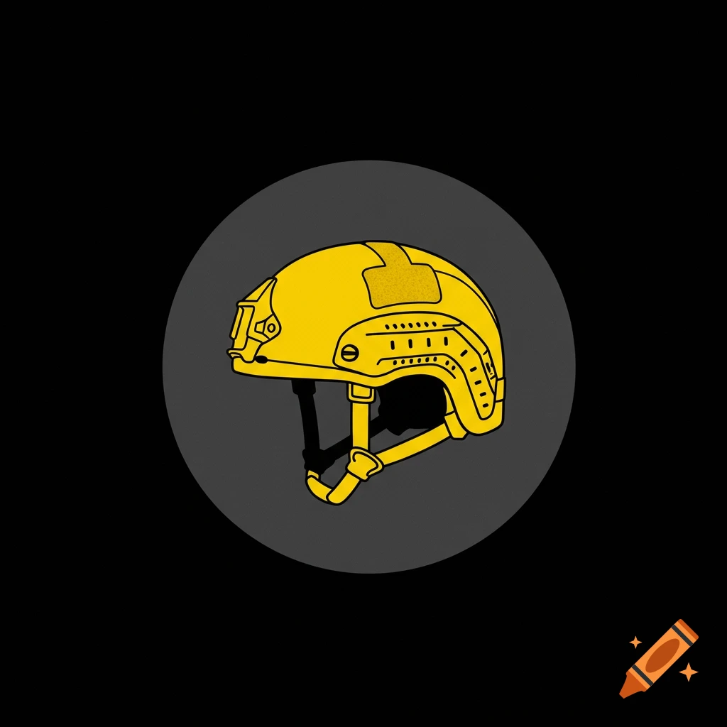 A 2D yellow tactical helmet within a gray circle on a black background ...