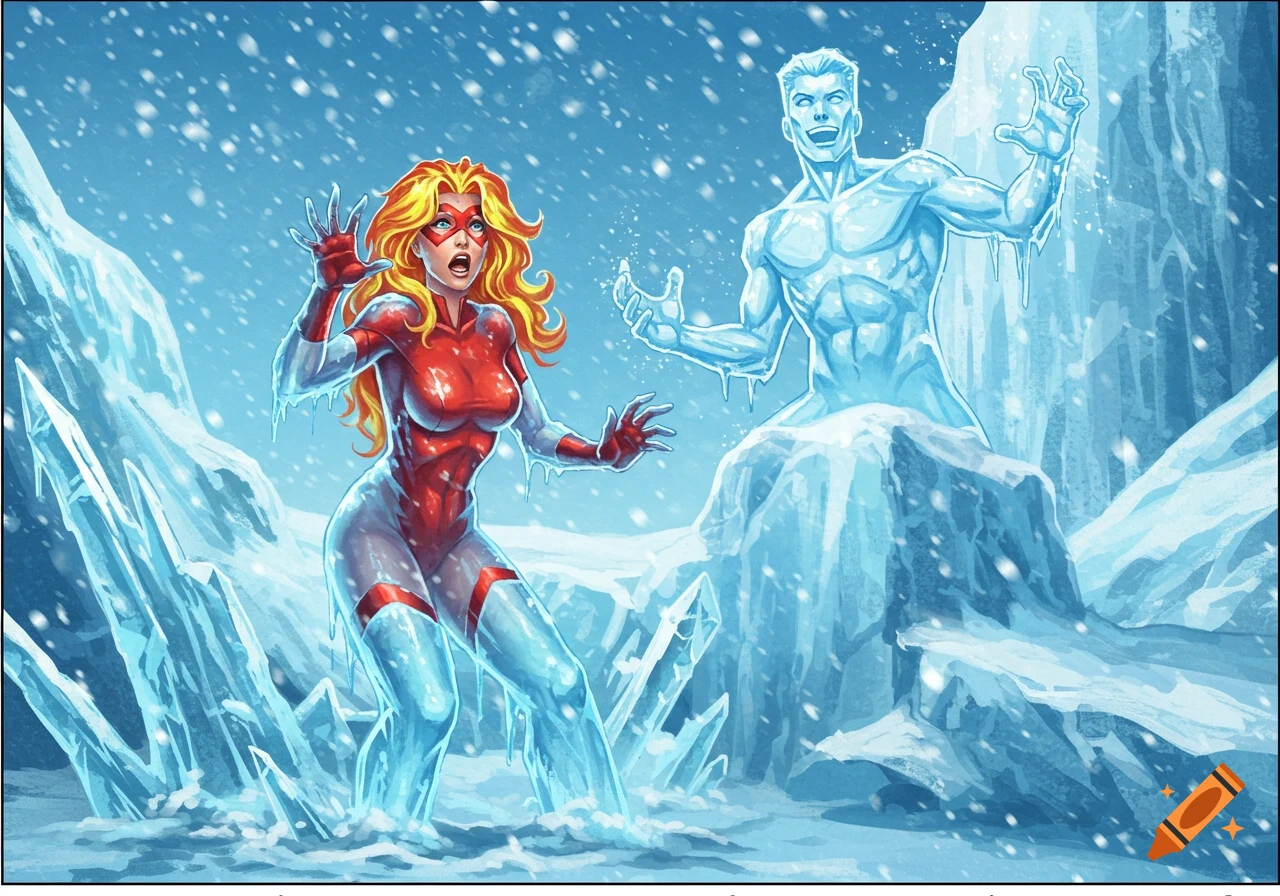 Firestar, partly frozen in ice, looks surprised as Iceman laughs in a snowy, comic book style ...