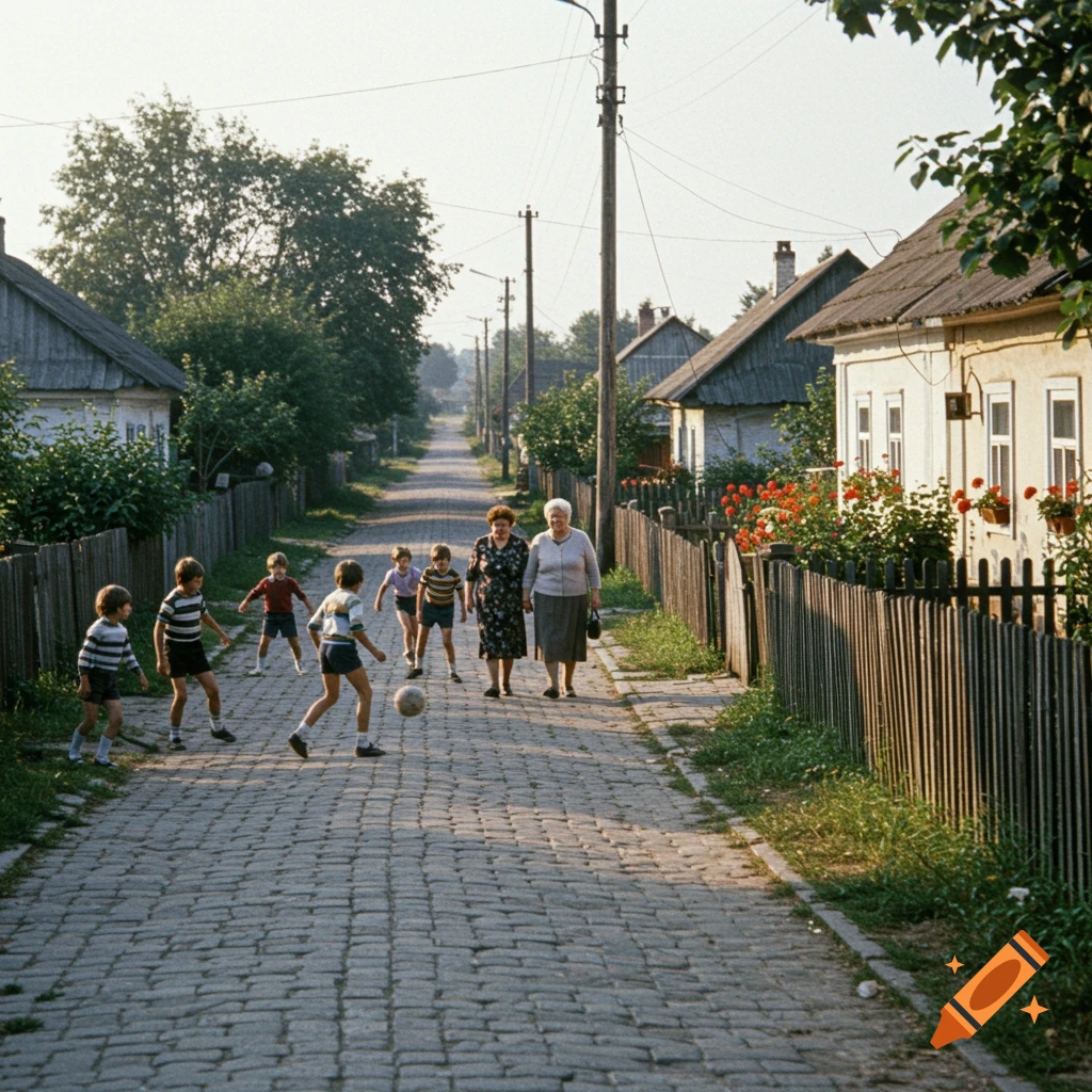 1979 photo of children playing soccer on a cobblestone village street ...