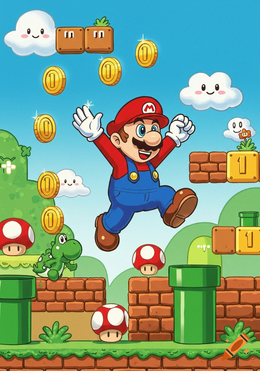 Mario jumping with arms raised in a vibrant Super Mario Bros. level ...