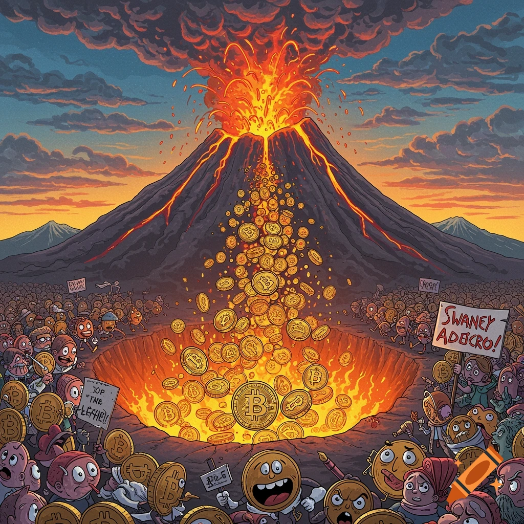 A political cartoon showing a volcano erupting golden bitcoin coins ...