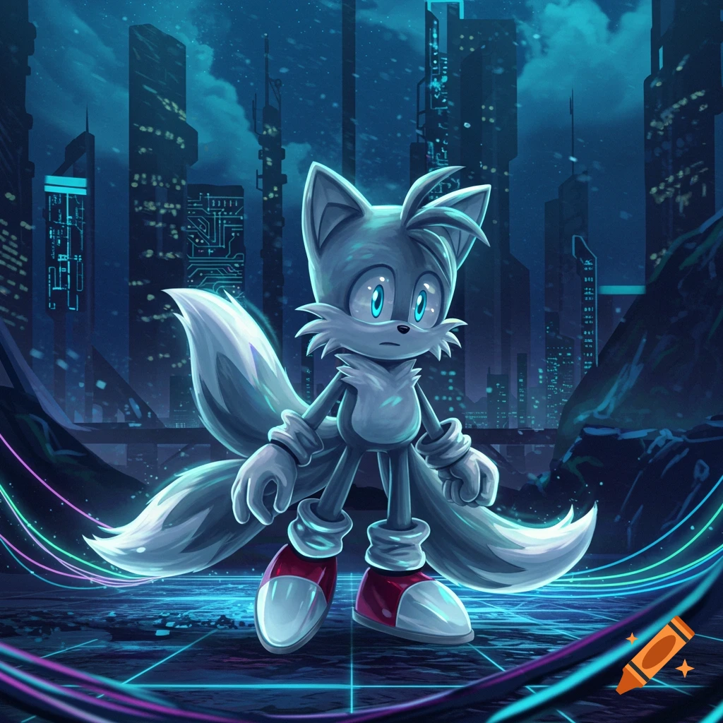 A silver Tails the Fox stands in a dark, futuristic city with glowing ...