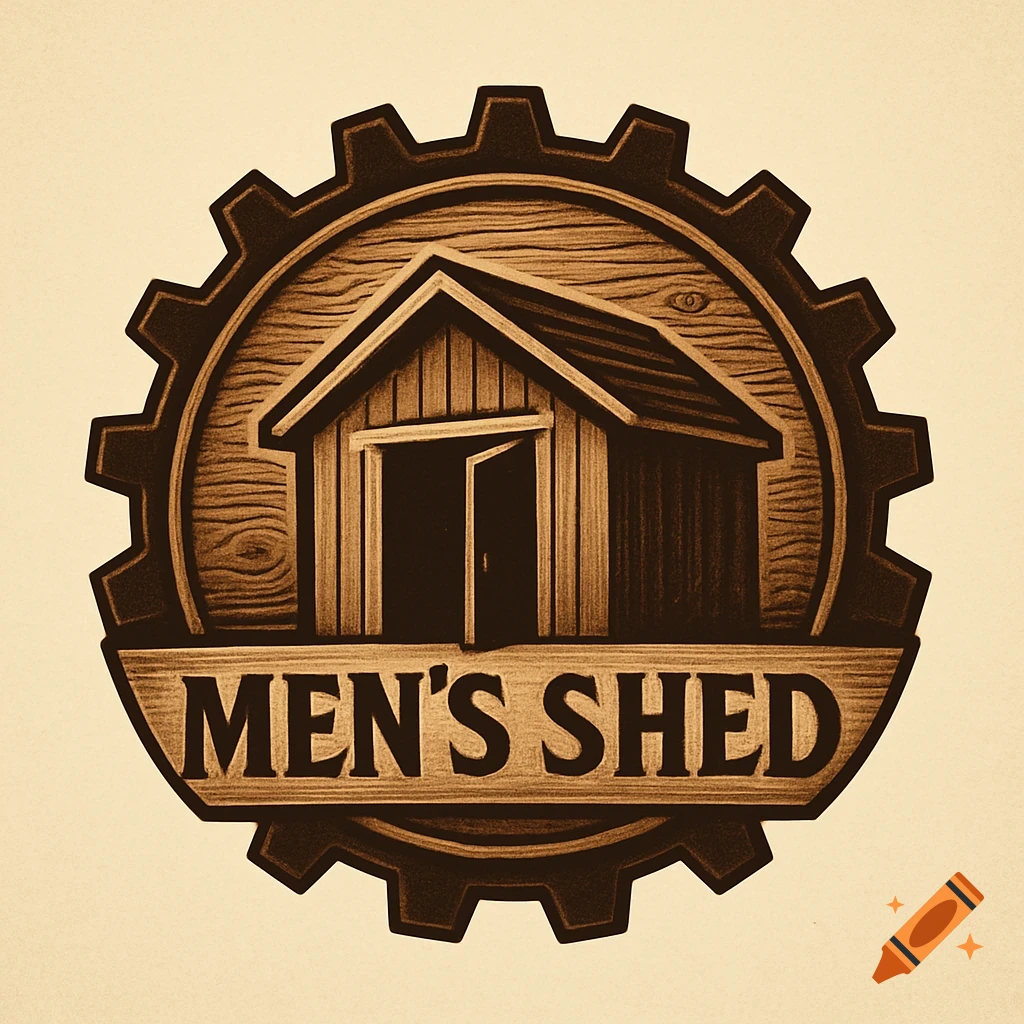 A wooden-textured logo for 'MEN'S SHED' featuring a shed within a gear ...