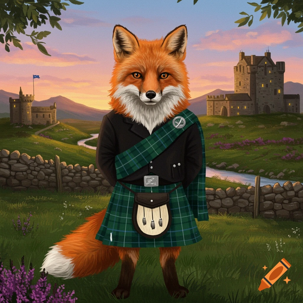 An anthropomorphic fox in a green tartan kilt stands in a Scottish ...