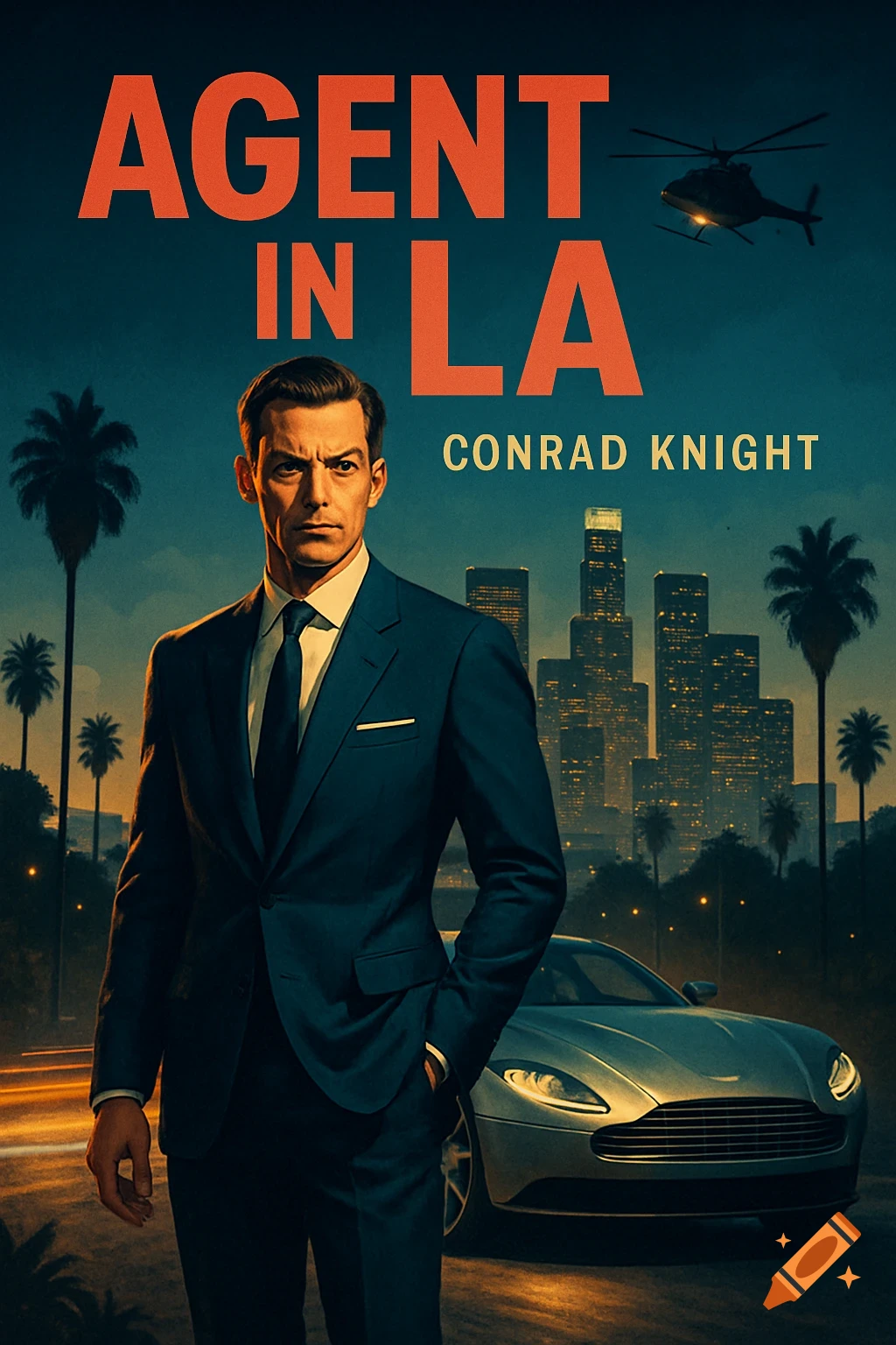 A movie poster for "Agent in LA" featuring a serious man in a suit, a ...