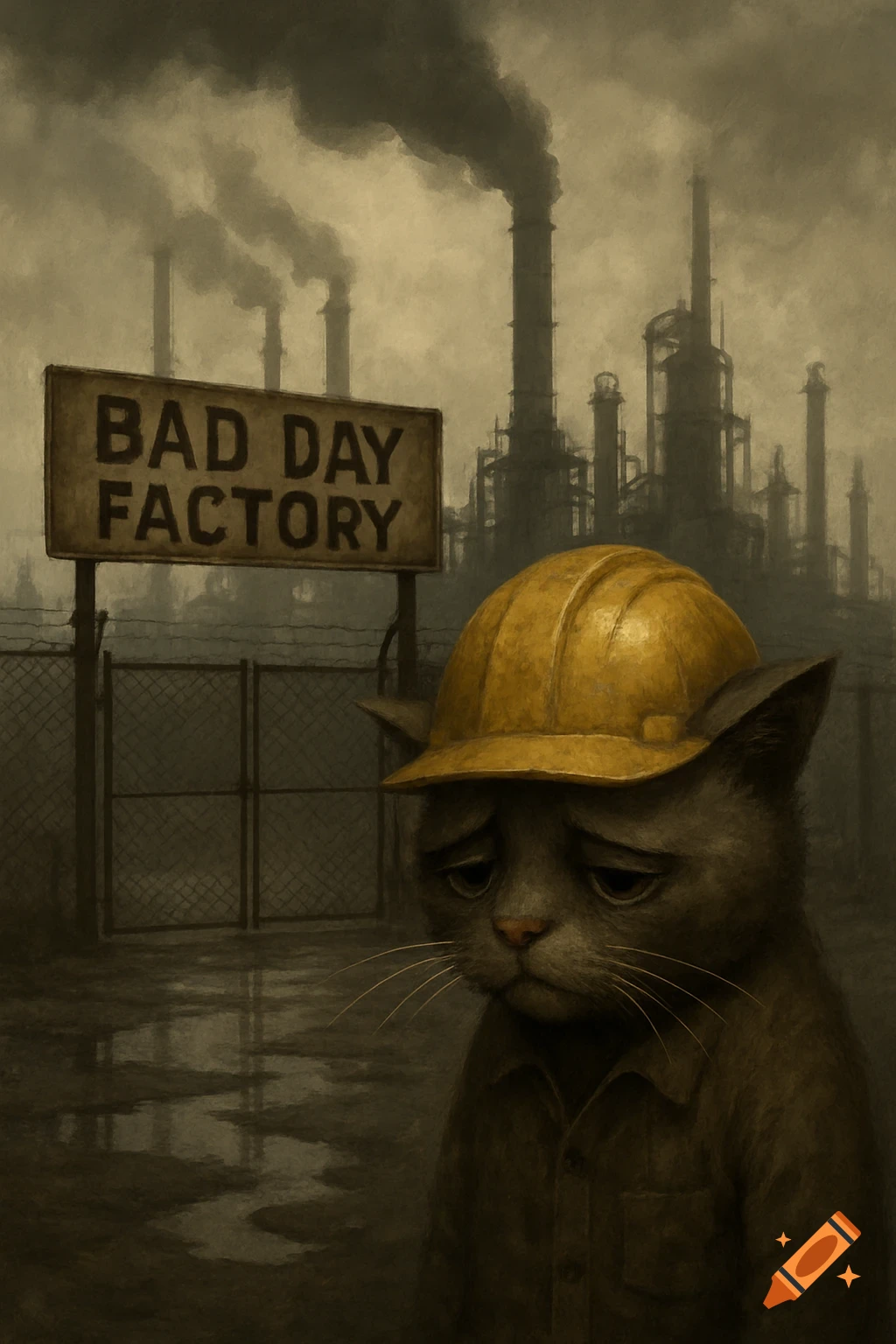 A sad, brown clay figure cries in a dimly lit cell with a barred window ...