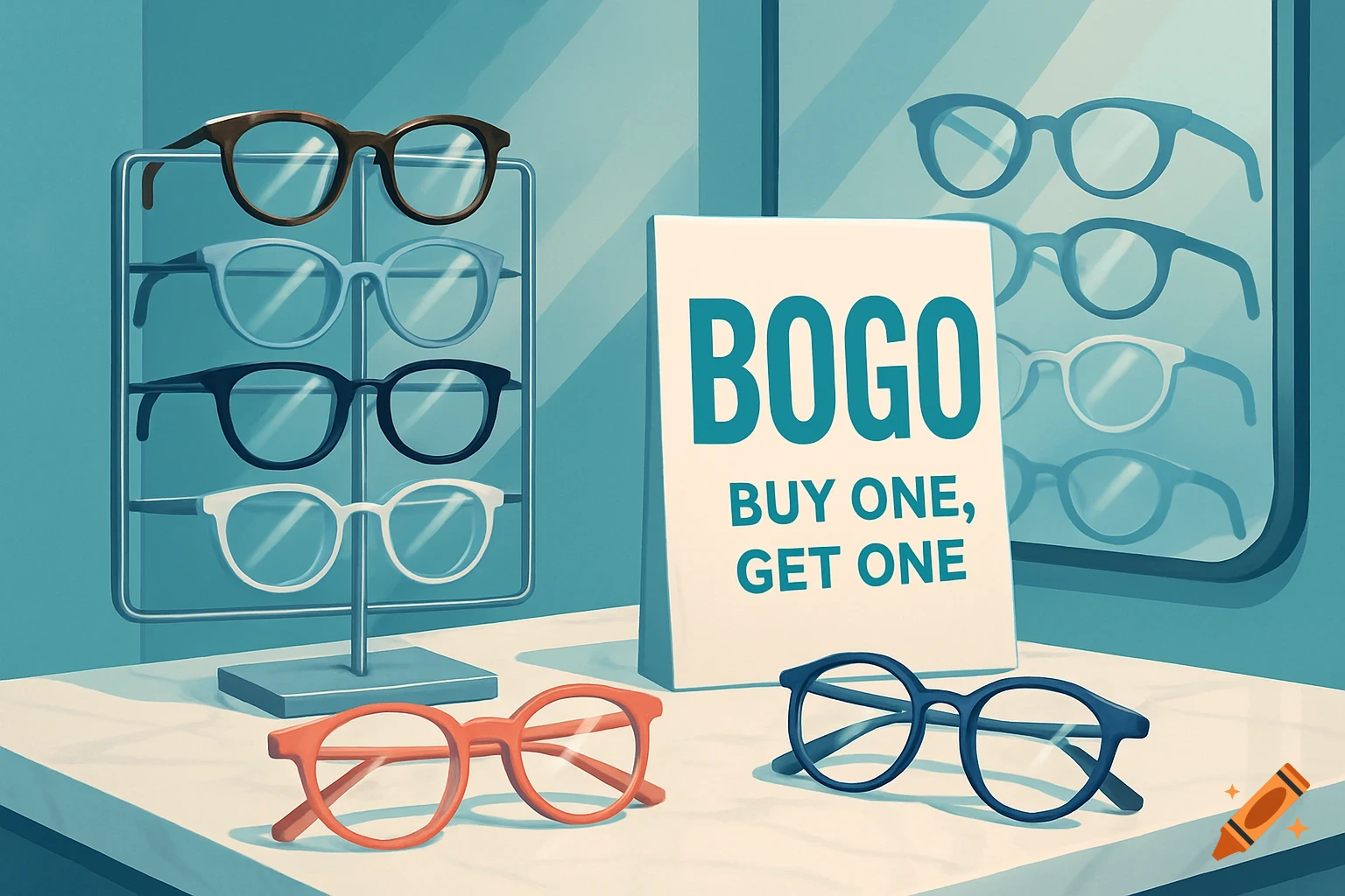 A colorful display of eyeglasses on a stand and on a counter, with a ...