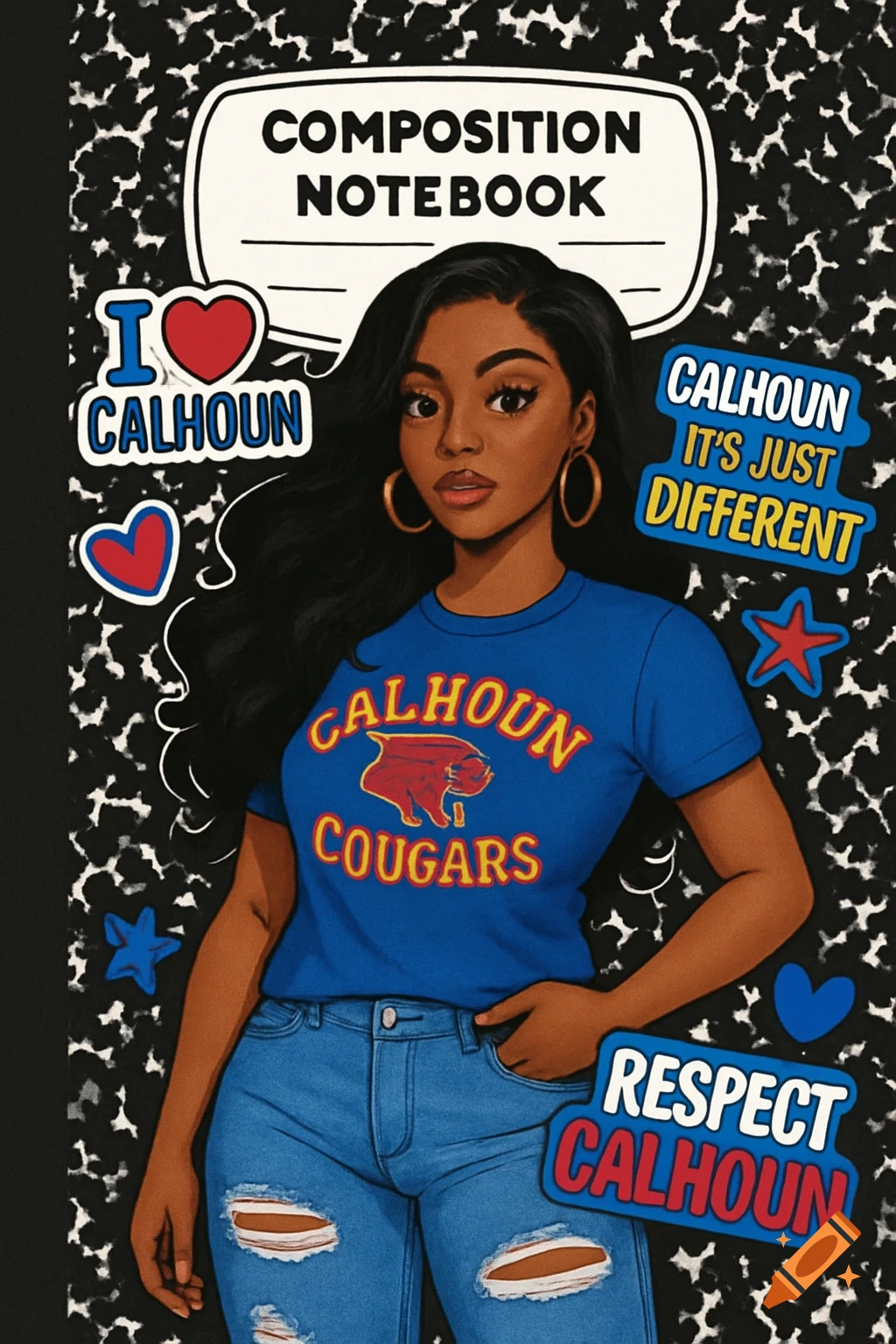 A stylized illustration of a Black woman with long black hair on a ...