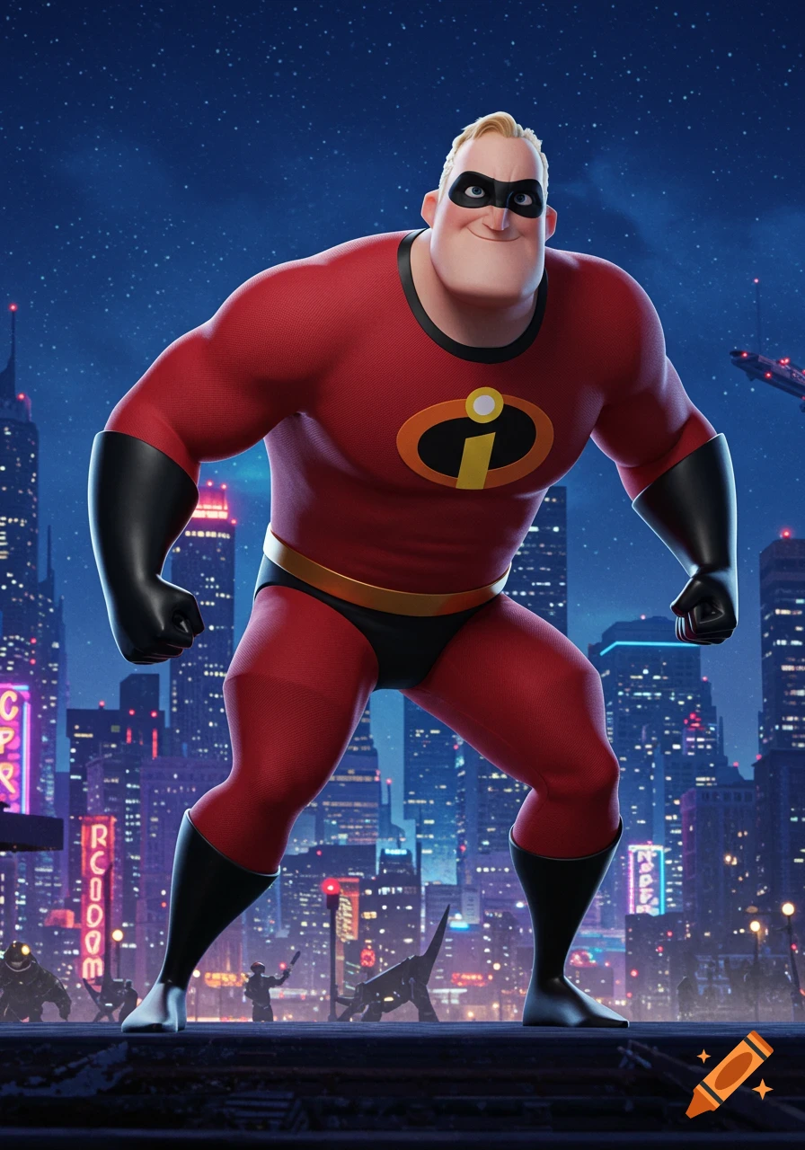 Mr. Incredible in his red superhero suit and black mask stands posed in ...