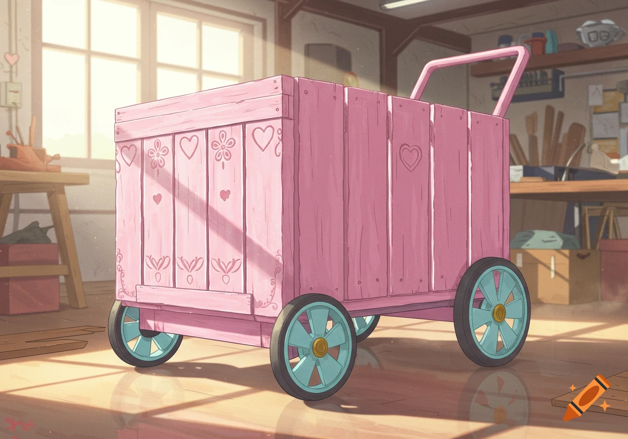 A pink wooden utility cart with blue wheels and heart and flower ...