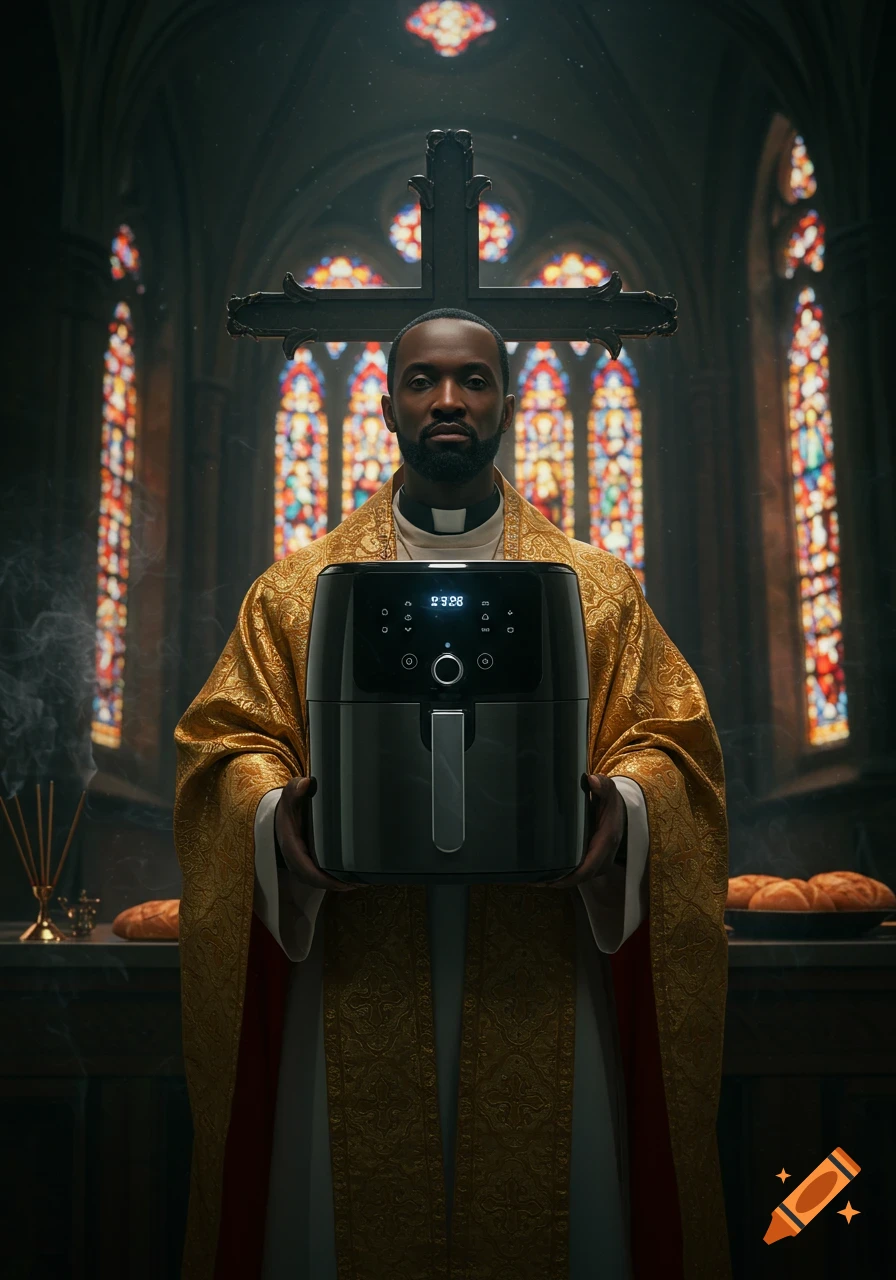 A photorealistic image of a priest in a church holding an air fryer in ...