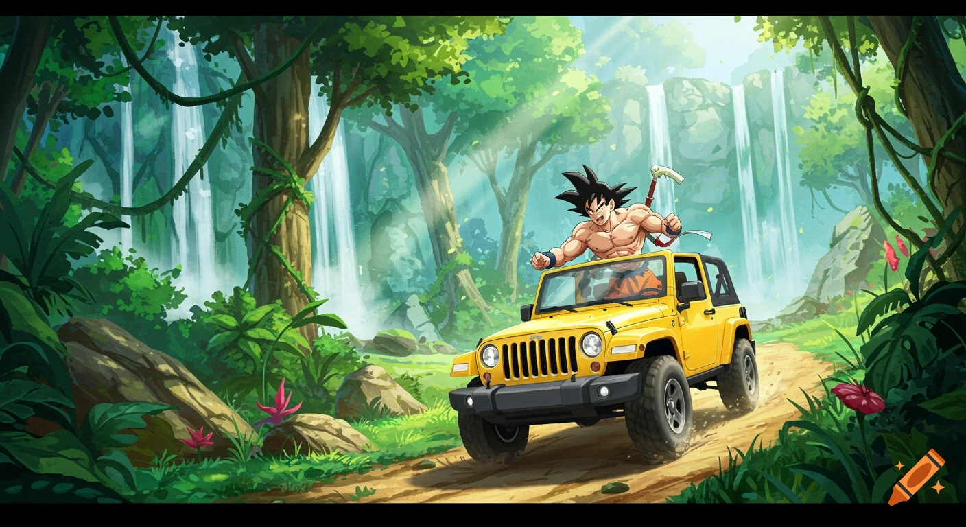 Muscular Goku drives a yellow Jeep through a lush rainforest with ...