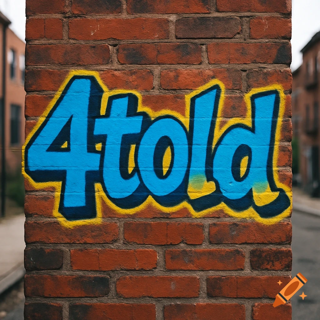 Blue and yellow graffiti reading '4told' on a red brick wall in an ...