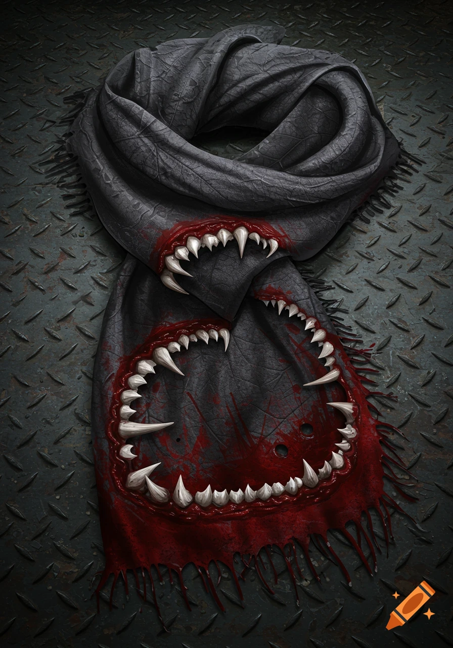 A dark gray scarf with a textured pattern, featuring two gaping mouths ...