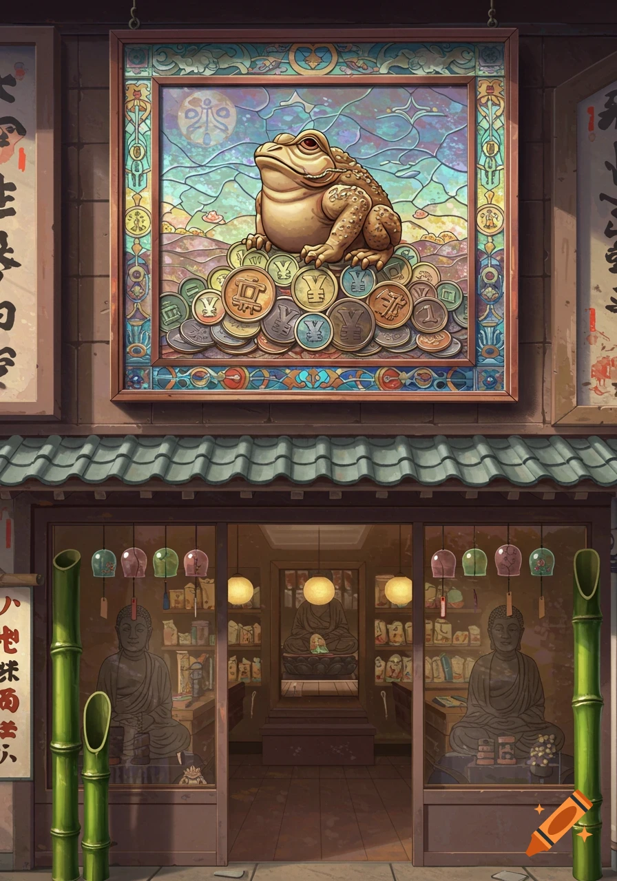 Stained glass sign of a toad on a pile of coins hanging above an Asian ...