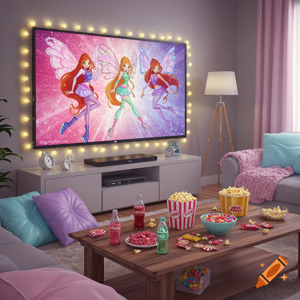 A cozy living room at night with a large TV screen displaying three ...