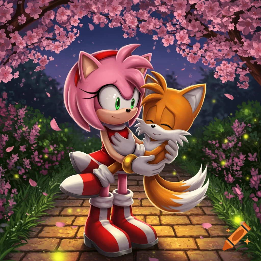 Amy Rose and Tails embracing under a pink cherry blossom tree on a ...