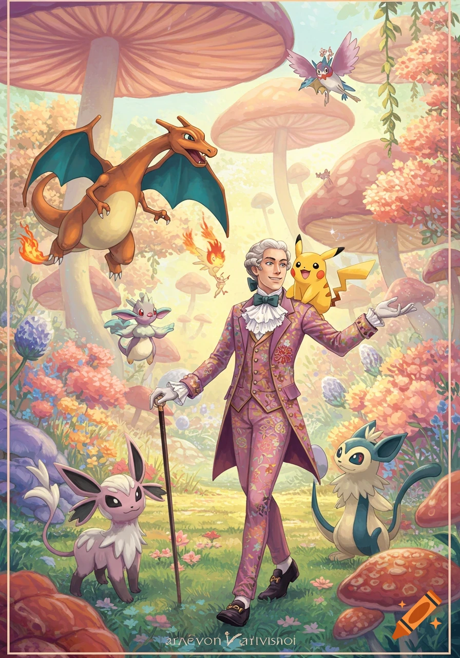 A dandy man in a purple suit stands amidst large colorful mushrooms ...