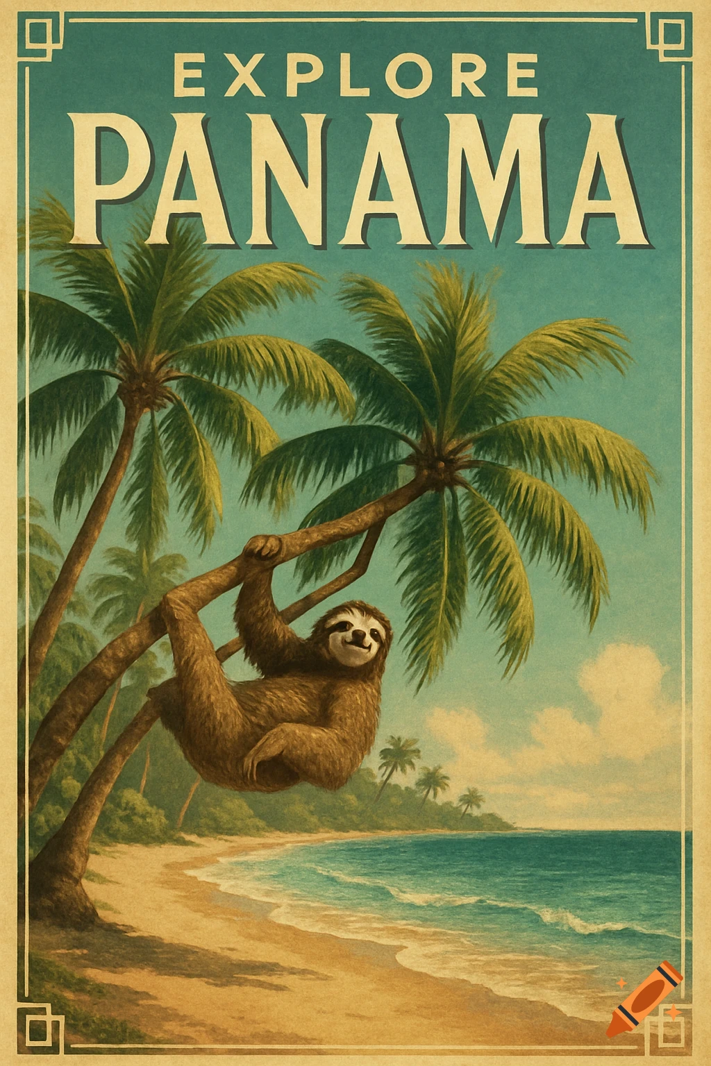 A vintage travel poster illustration showing a sloth hanging from a ...