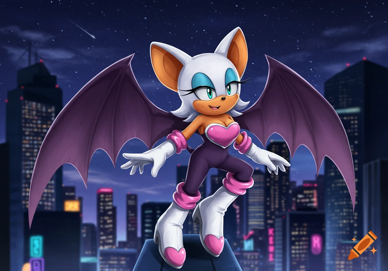 Buff Rouge the Bat, with large purple wings, flexes while holding a ...
