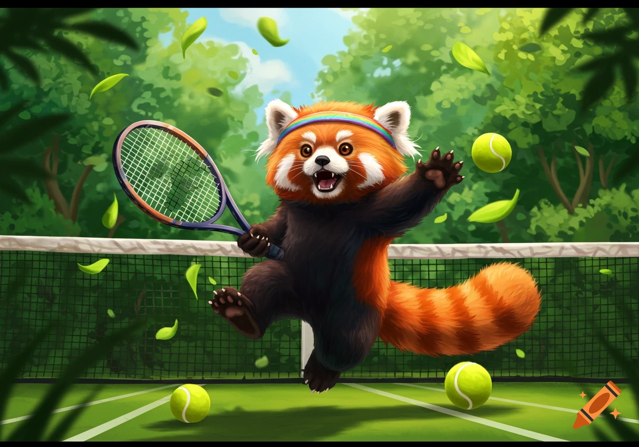 An energetic cartoon red panda wearing a rainbow headband jumps on a ...