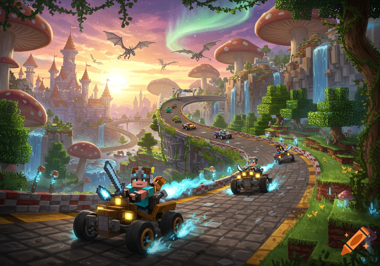 Minecraft-style characters race go-karts on a track through a fantasy ...