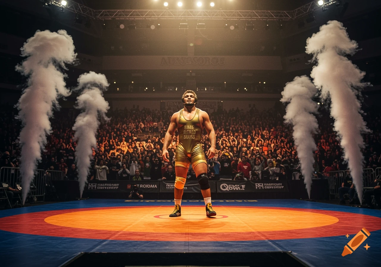 A muscular male wrestler in a gold singlet stands on a wrestling mat in ...