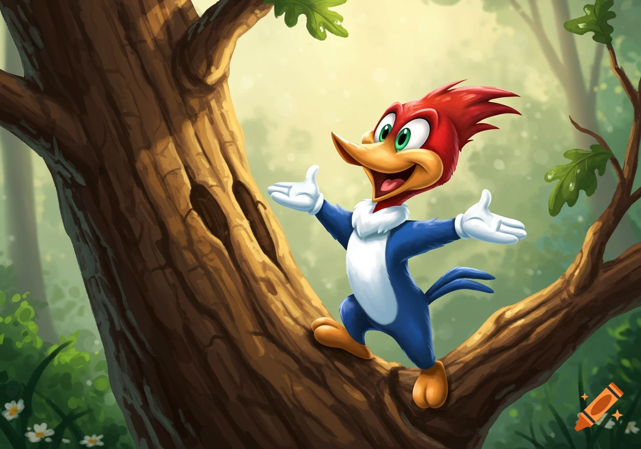 Woody Woodpecker stands on a tree branch, smiling with arms wide open ...