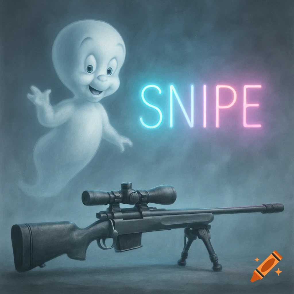 Casper the Friendly Ghost floats above a sniper rifle with the word SNIPE in neon lights against ...