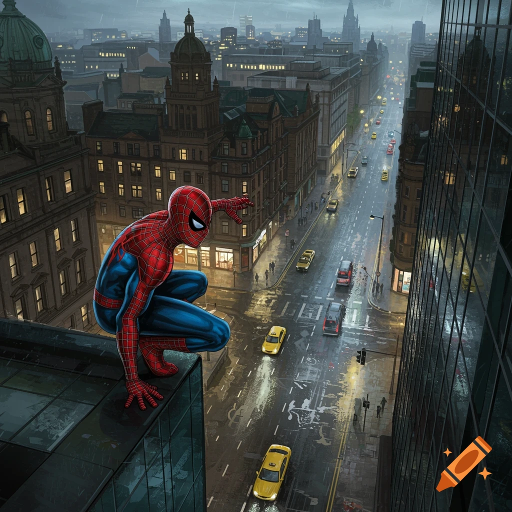 Spider-Man crouches on a rainy city rooftop overlooking a bustling ...