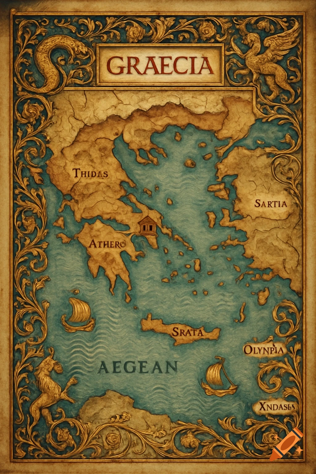 A stylized antique-style map of Greece with ornate gold and teal ...