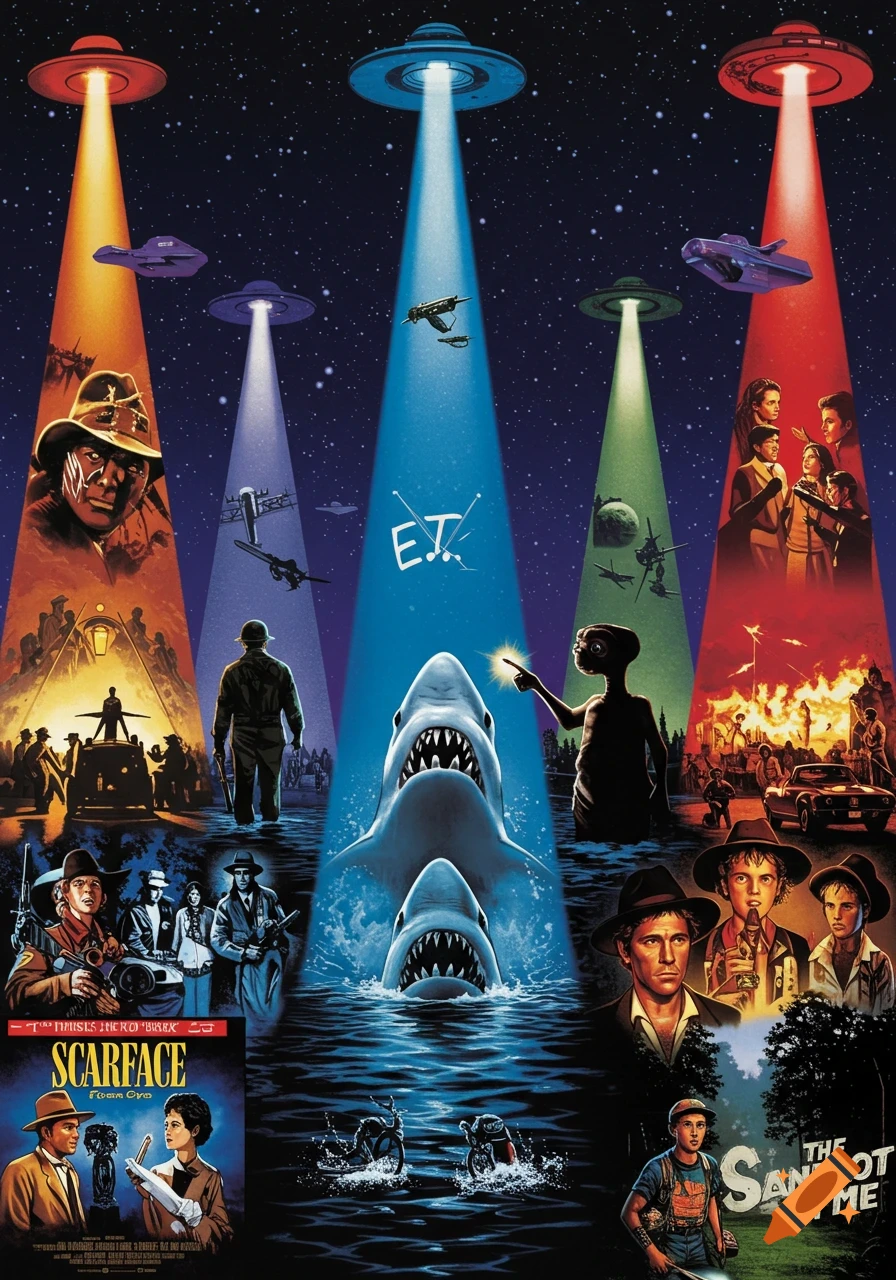 A vibrant movie poster collage features multiple film scenes and ...