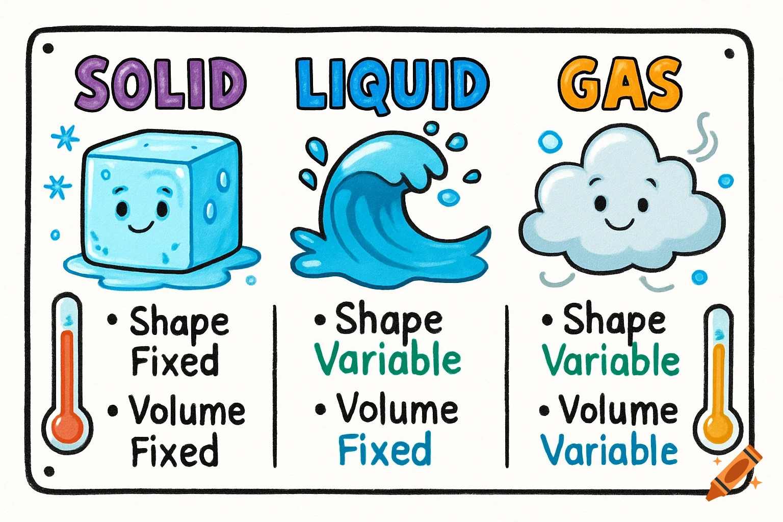 Colorful educational chart illustrating solid, liquid, and gas with ...
