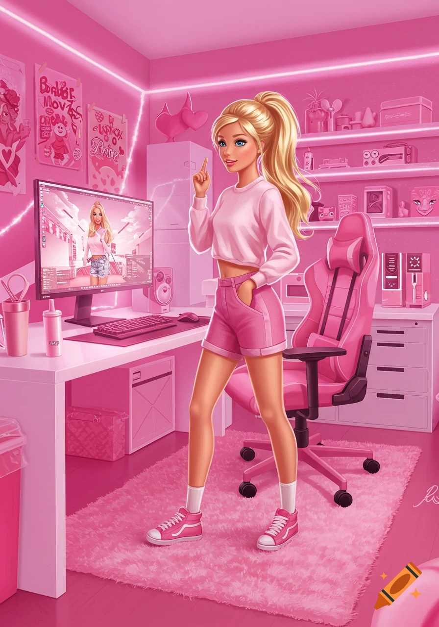 A cartoon Barbie doll in a vibrant pink gaming room, wearing a pink ...